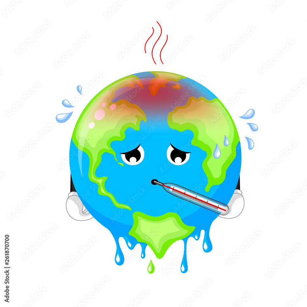 Poorly globe character with thermometer. Cartoon earth, global warming ...