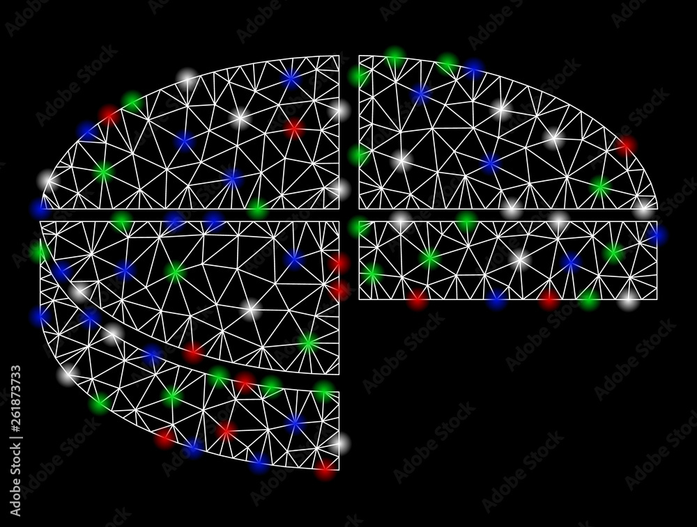 Bright mesh 3d pie chart with glare effect. White wire carcass ...