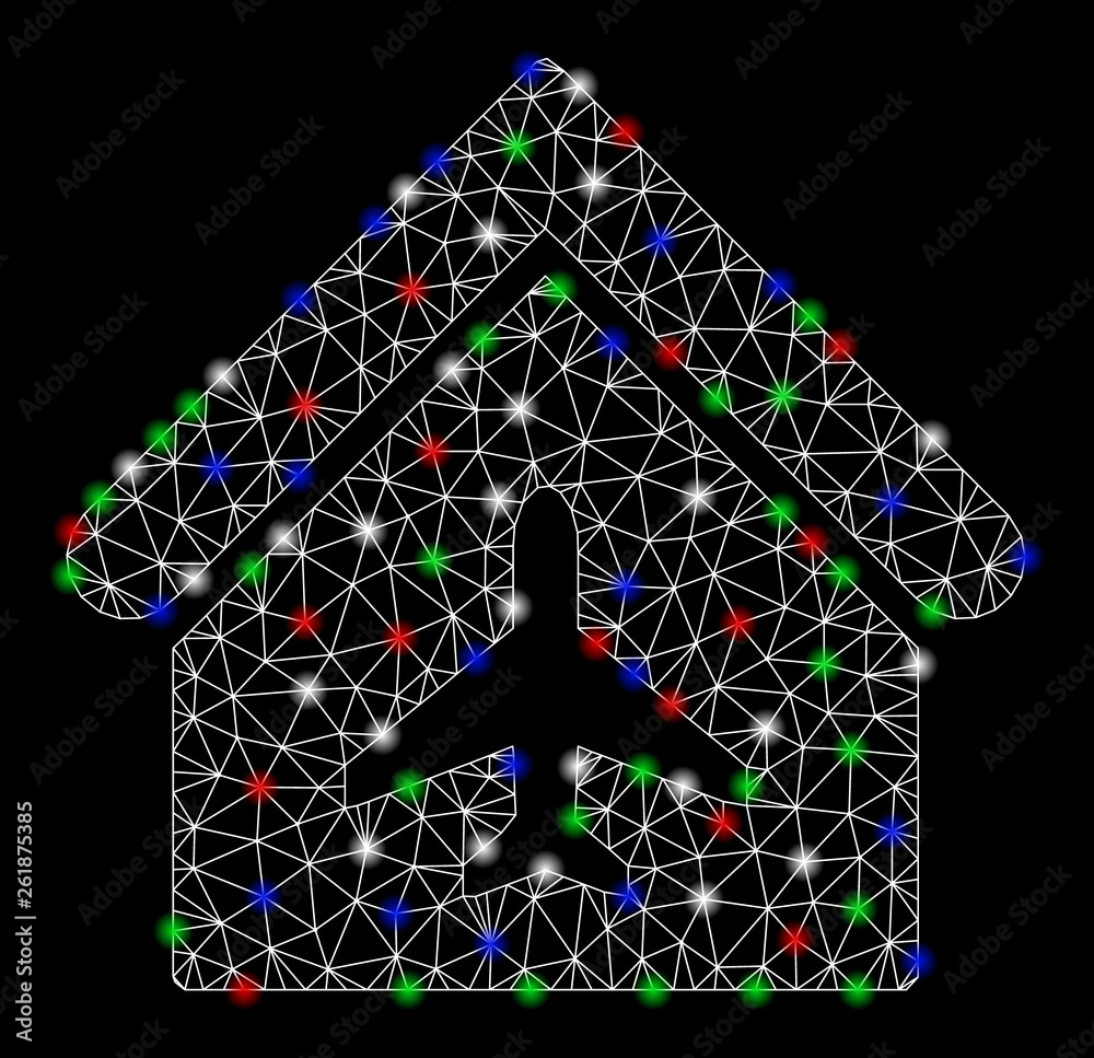 Bright mesh aircraft hangar with glow effect. White wire carcass ...