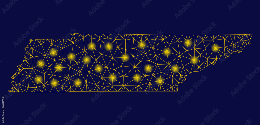 Bright yellow mesh Tennessee State map with glow effect. Wire frame ...