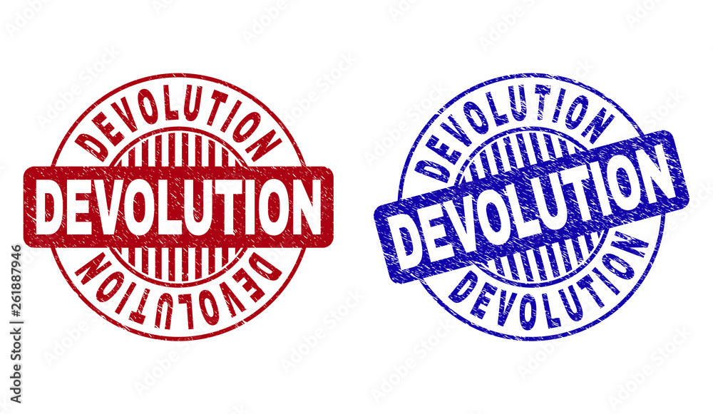 Grunge DEVOLUTION round stamp seals isolated on a white background ...