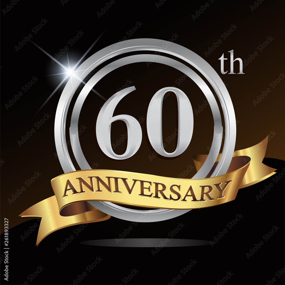 60th anniversary logo, with shiny silver ring and gold ribbon isolated ...