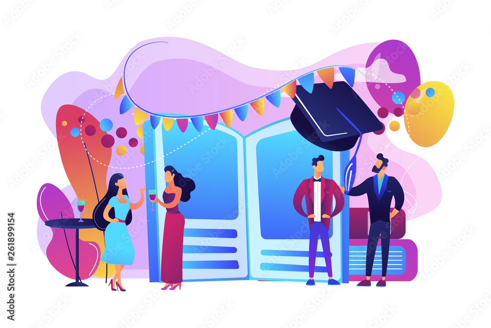 Tiny people high school students in dresses and suits chatting at ...