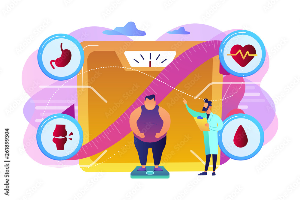 Tiny people, overweight man on scales and doctor showing obesity ...