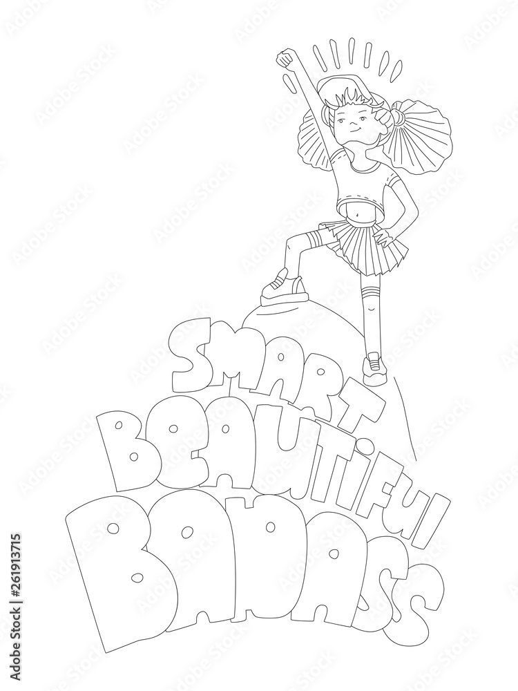 Cute hand draw coloring page with brave girl. Feminist zen art vector ...