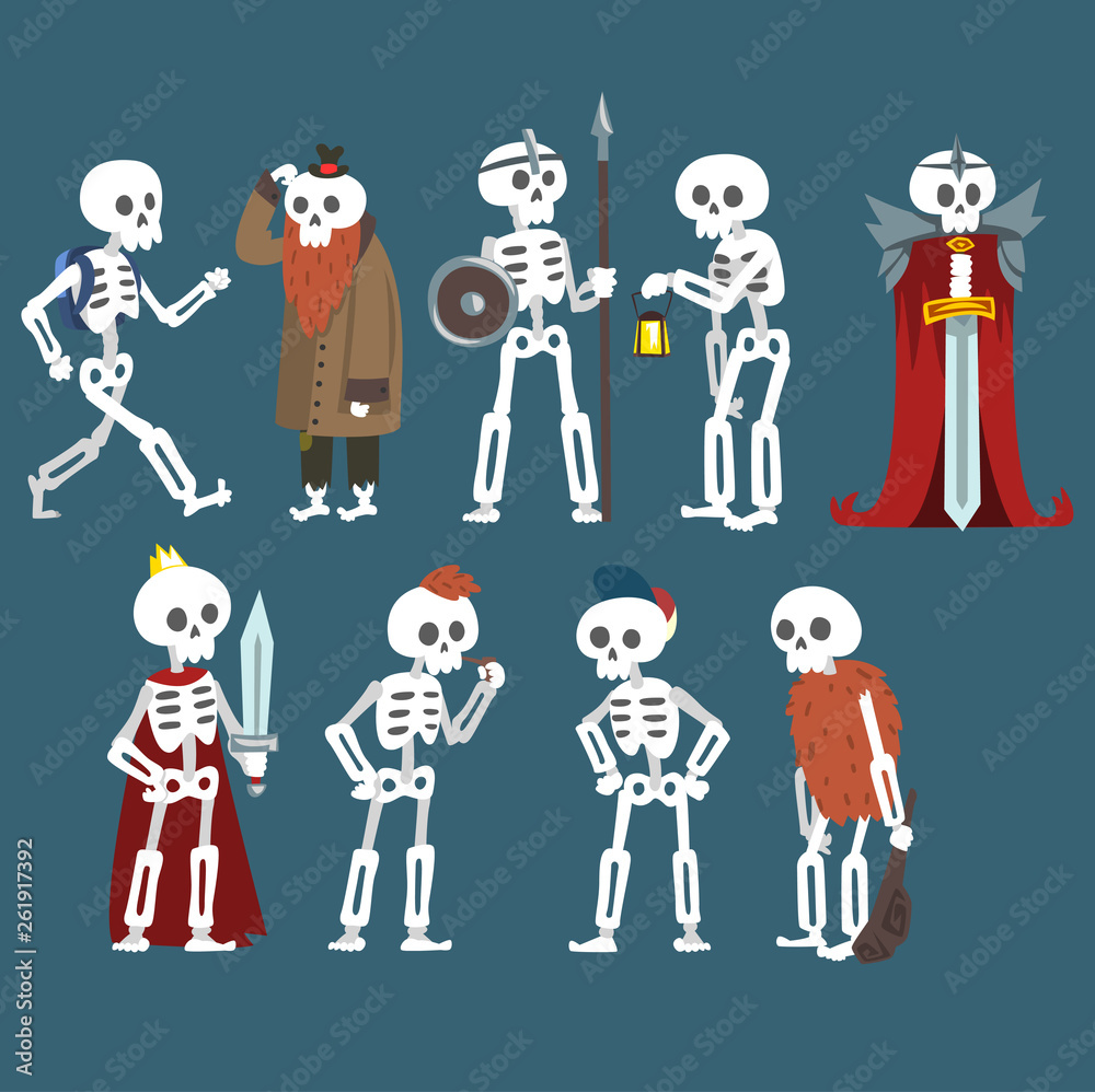 Human Skeletons Set, Funny Dead Man Zombie Cartoon Character in ...