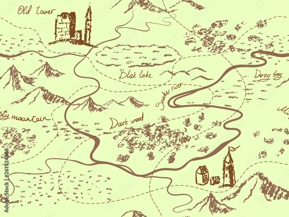 Aged fantasy vintage seamless map with mountains, buildings, trees ...