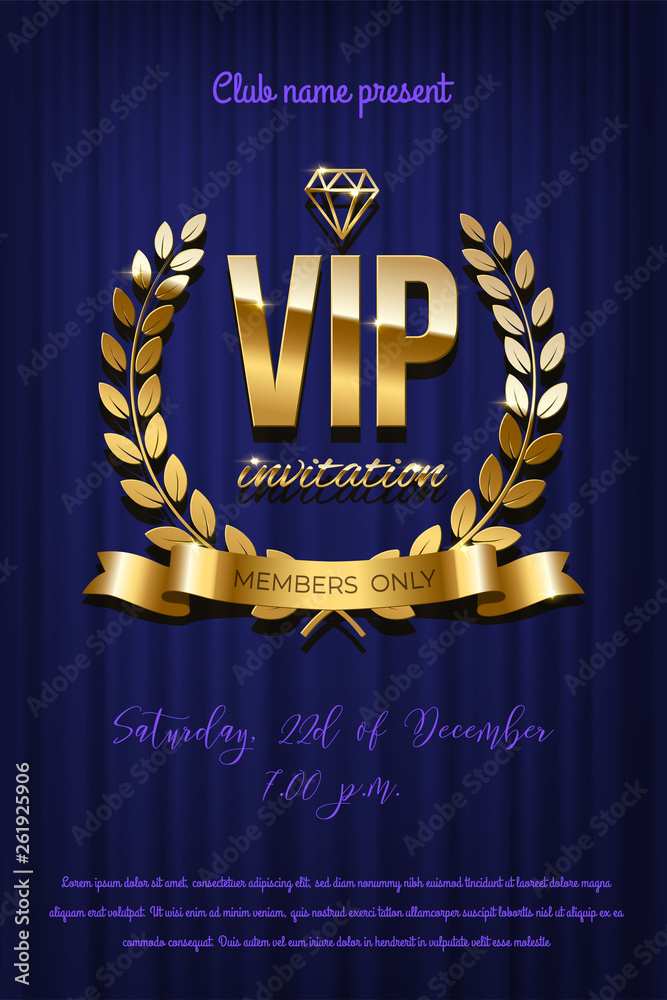 Golden VIP invitation template - type design with diamond and laurel ...
