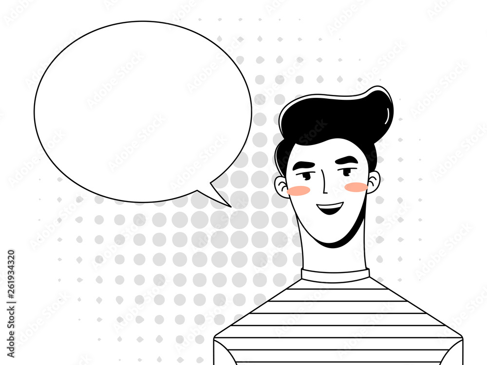 Cute young guy affably smiling. Comic cloud for dialogue. Retro ...