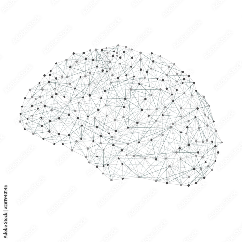 Concept of a human brain from luminous points and lines. Shape isolated ...