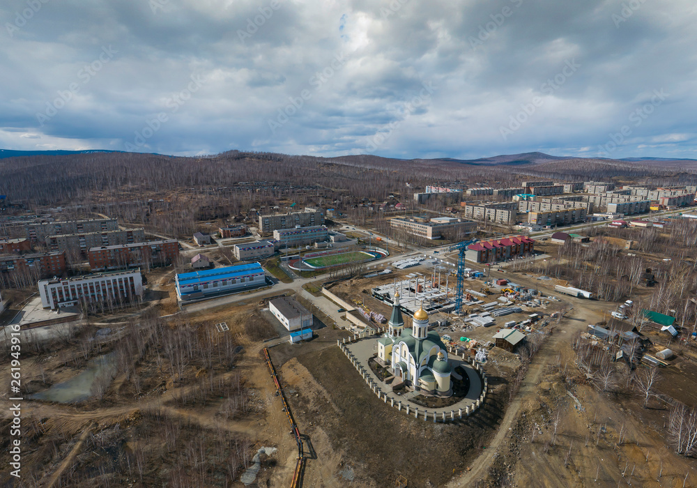 Church and stadium in Very dirty city of Karabash. Aerial Stock Photo ...