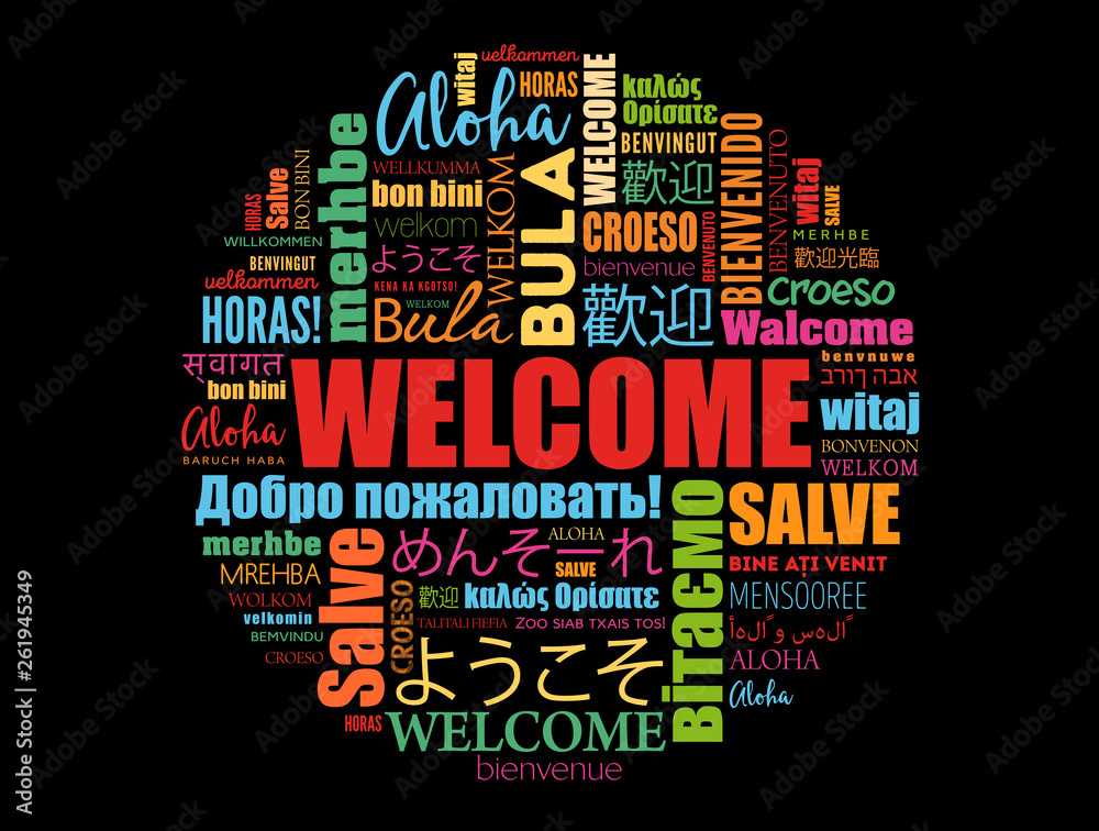 WELCOME word cloud in different languages, conceptual background Stock ...