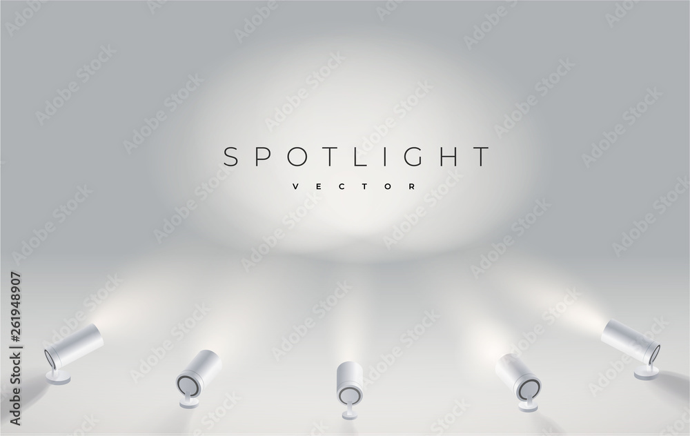Five spotlights shine in one place. projector on the wall. Minimalistic ...
