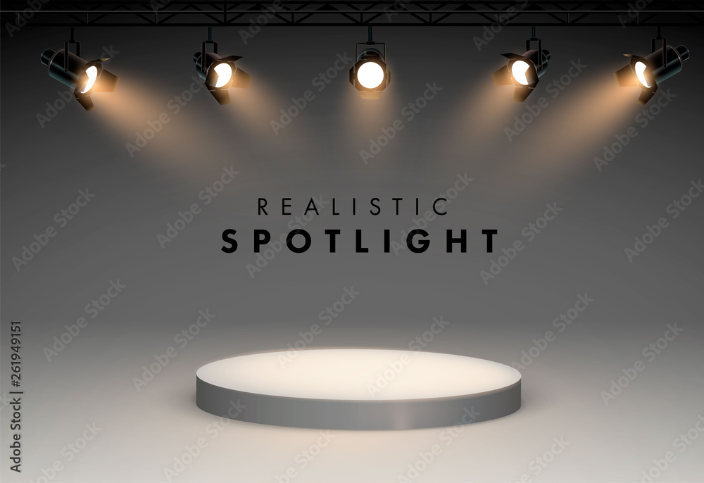 Spotlights with bright white light shining stage vector set ...