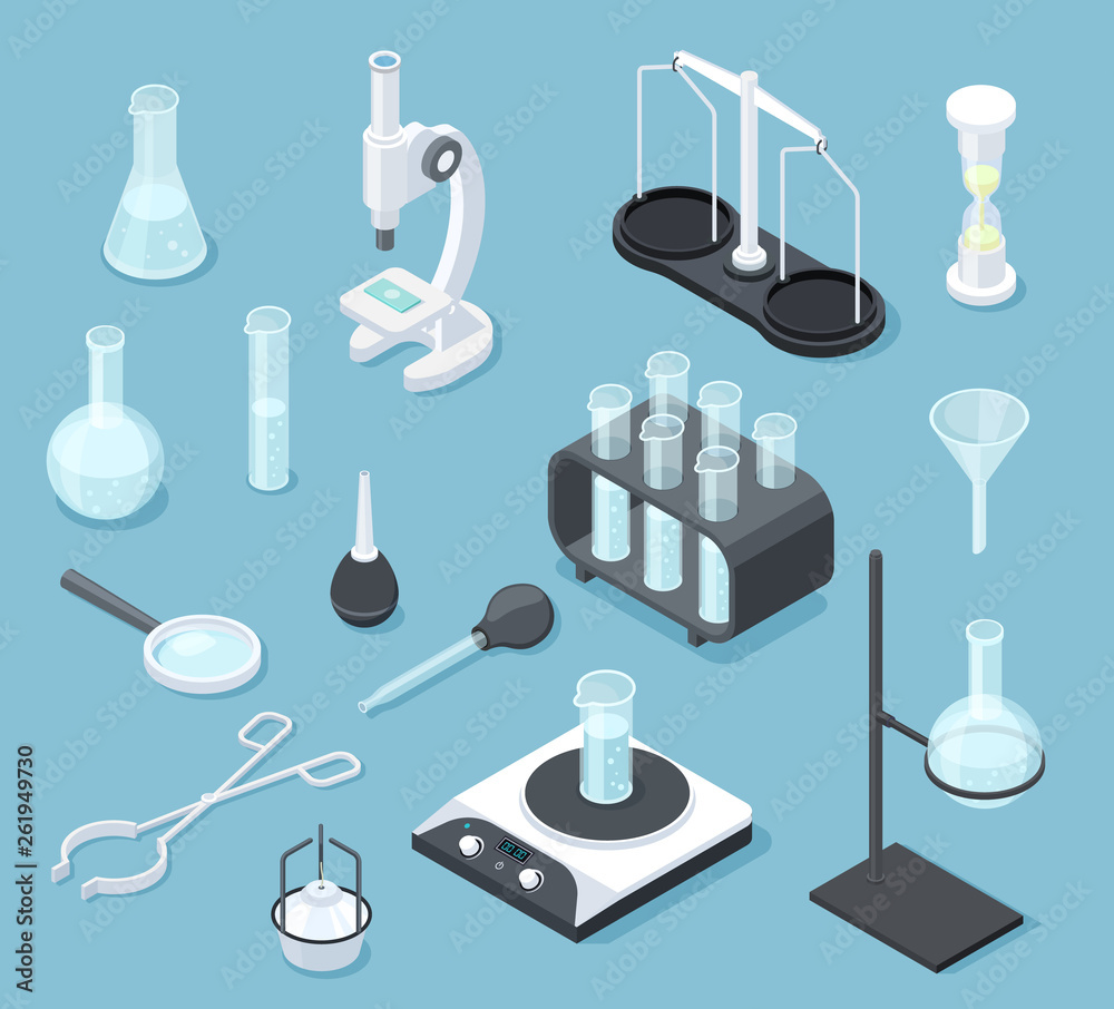 Chemical laboratory equipment isometric. Lab glasses drug testing ...