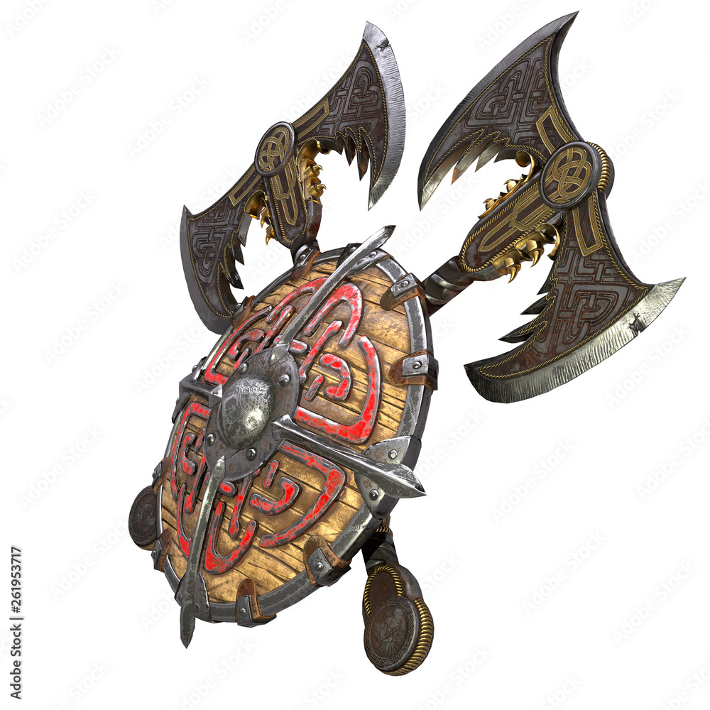 axe and viking shield on an isolated white background. 3d illustration ...