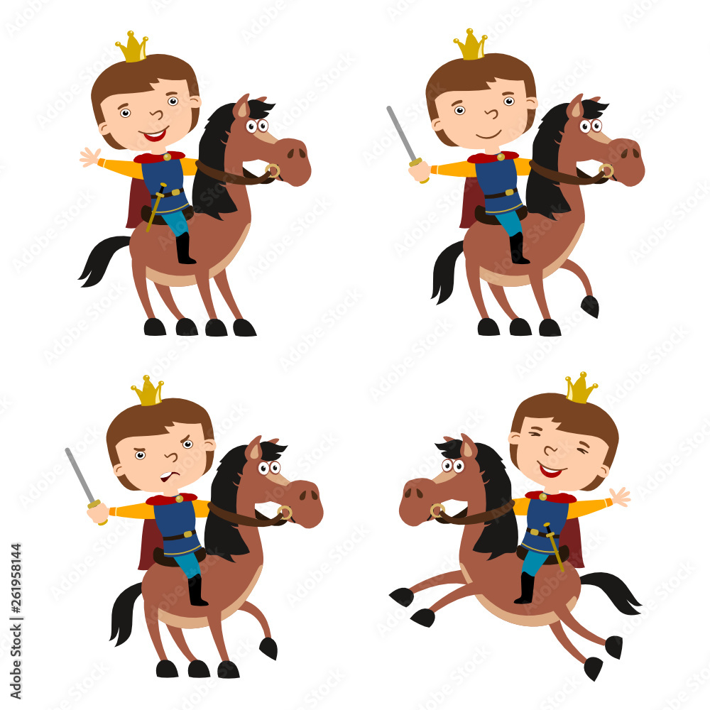 Set of funny prince in cartoon style riding a horse in different poses ...