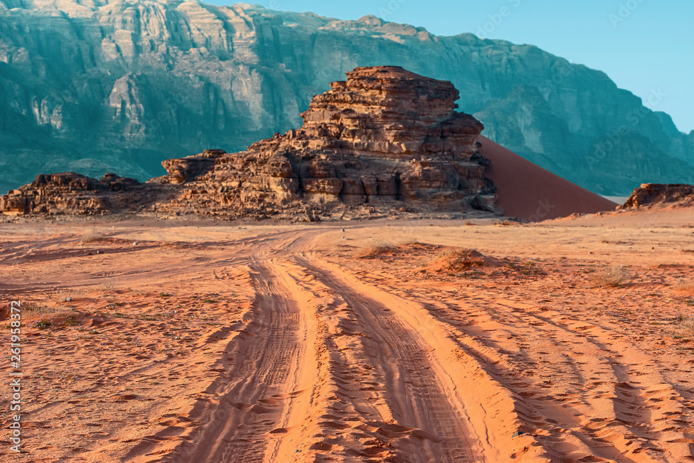 view on Red Sand Dune in incredible lunar landscape in Wadi Rum village ...