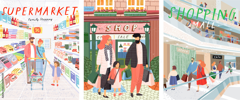 Family shopping. A vector illustration of people in a store shopping ...