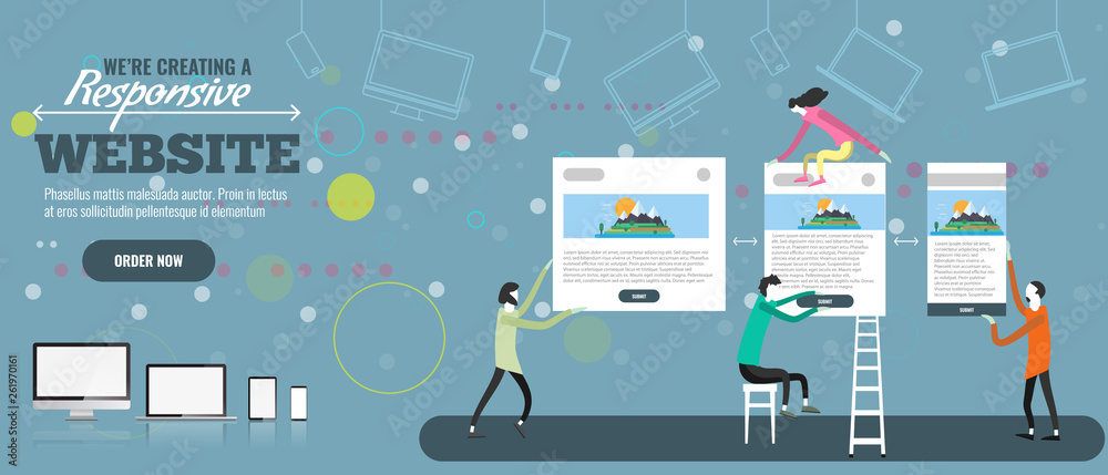 Web designers creatign responsive website. Tiny people making site ...