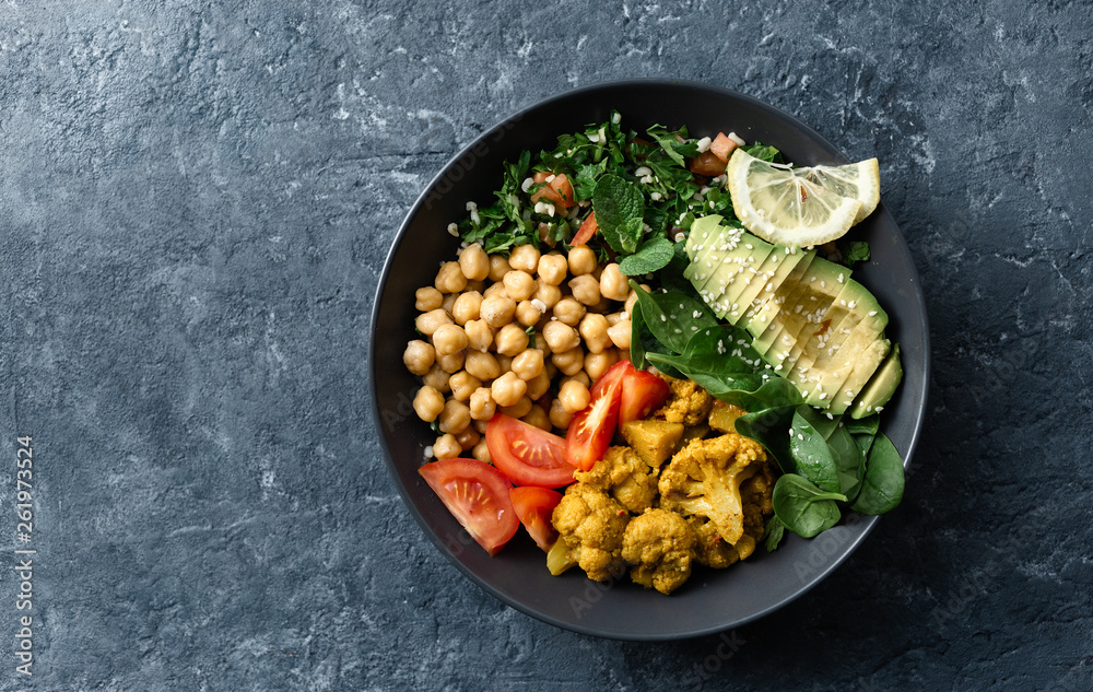 Buddha bowl Vegetarian healthy balanced food Aloo-gobi, chickpeas ...