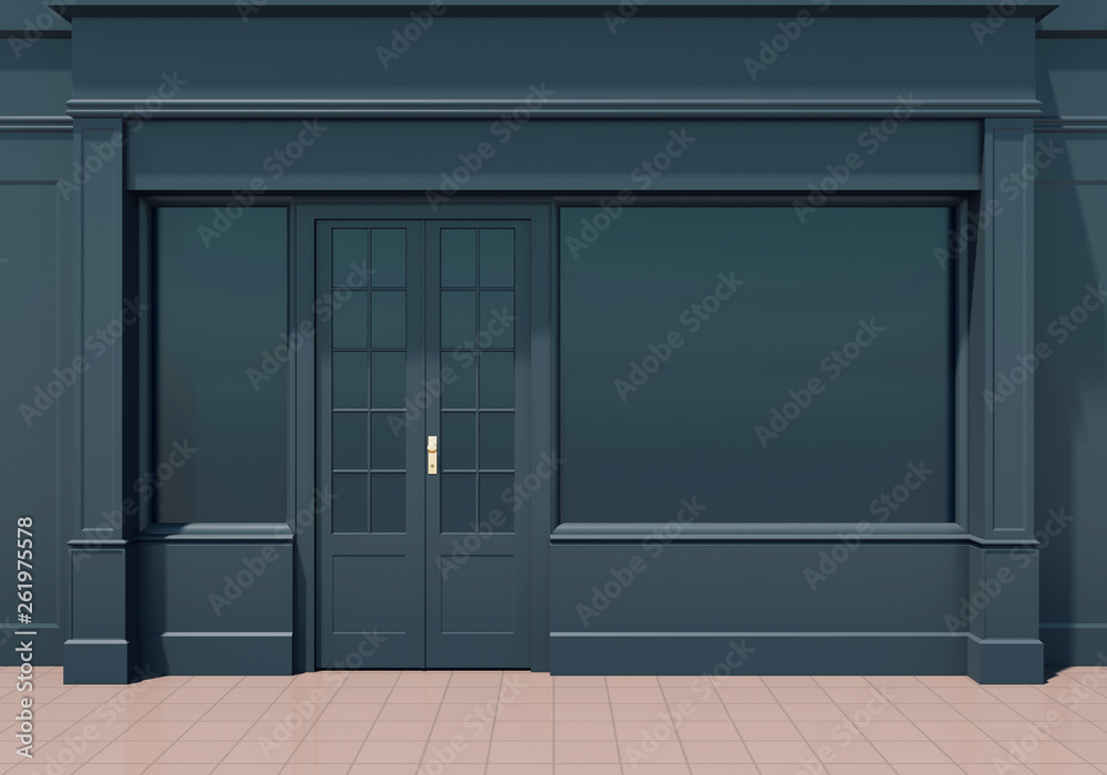 Shopfront with large windows. Small business dark blue store facade ...