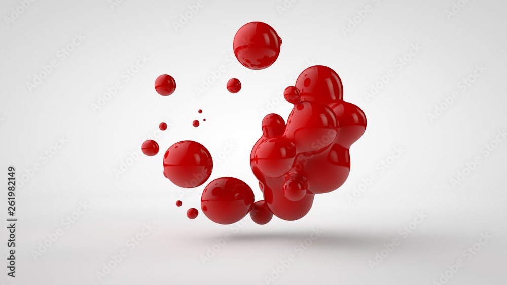 3D rendering of a plurality of drops of the red liquid looked like ...