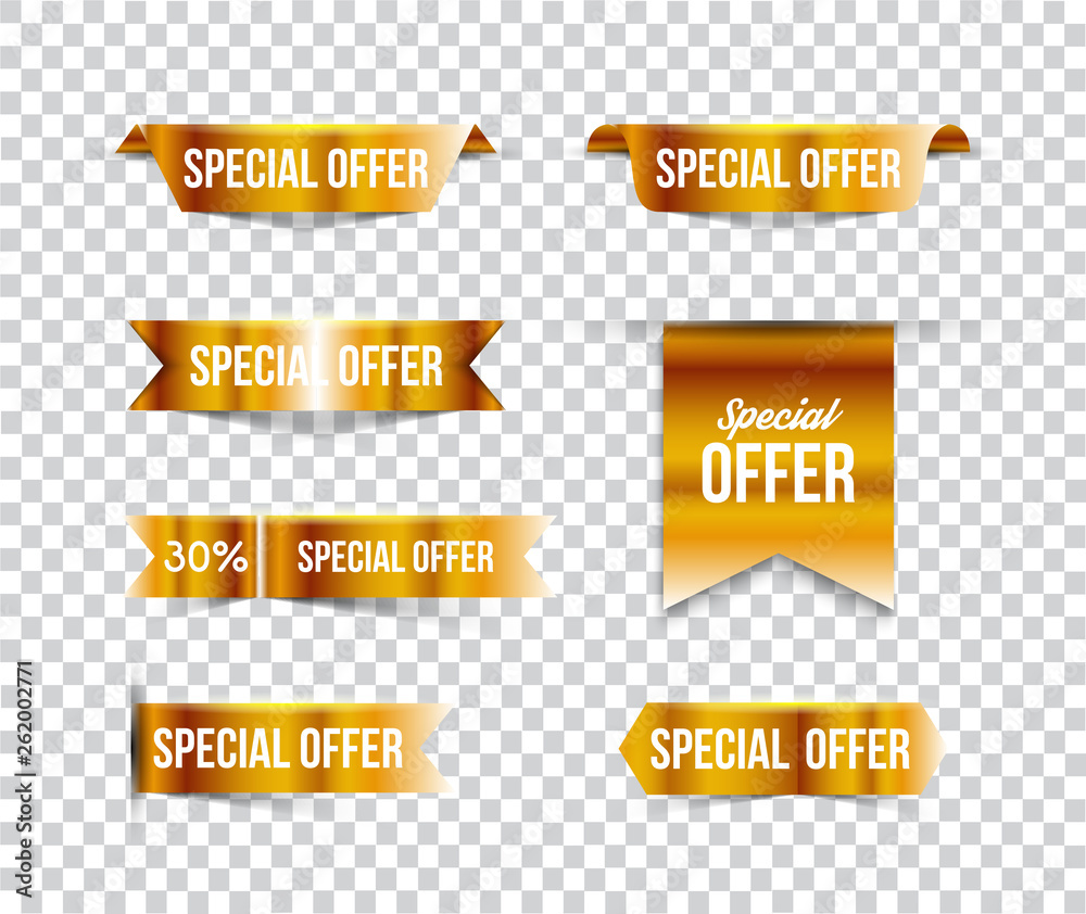 Gold coloded special offer banners with shadows on transparent ...