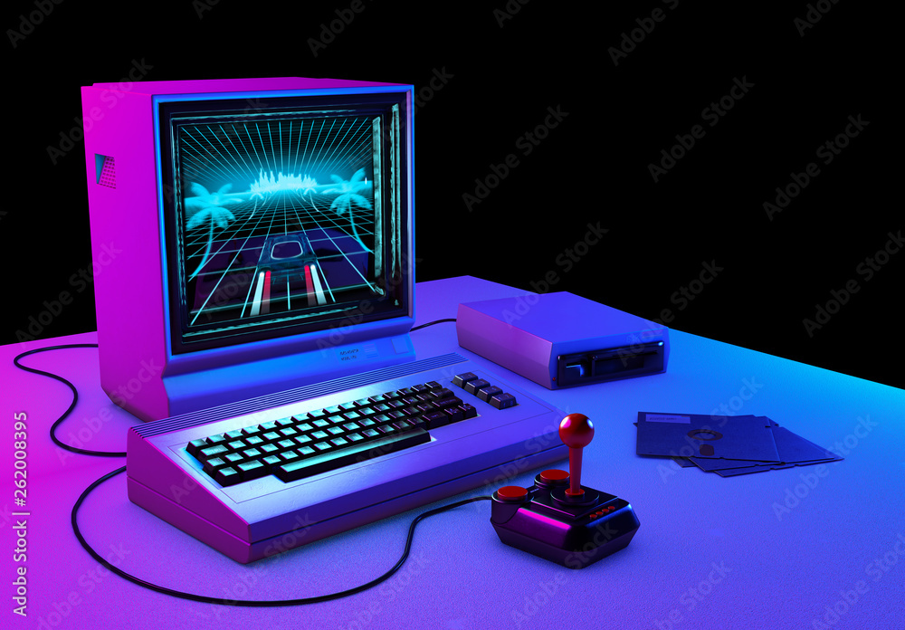 Retro computer old tecnology with a example of retrowave game on the ...