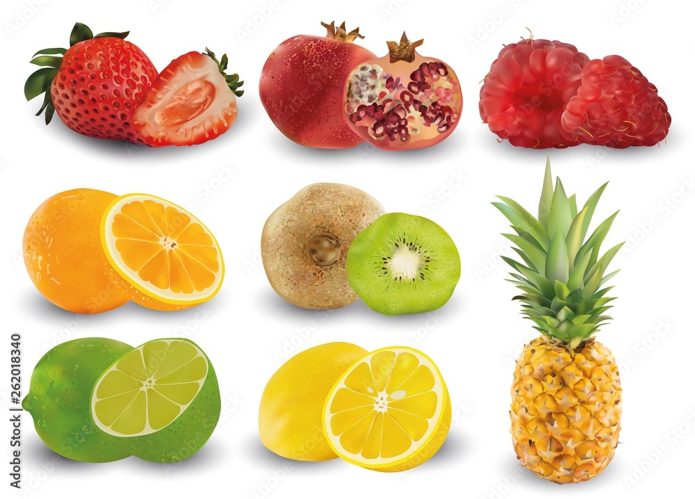 Set of strawberry, pomegranate, raspberry, orange, kiwi, lime, lemon ...