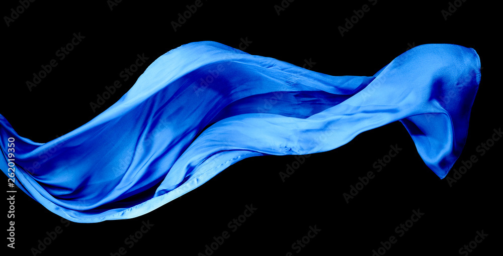Smooth elegant blue transparent cloth isolated on black background ...