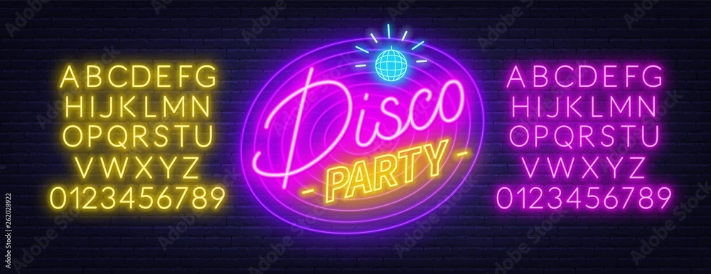 Neon lettering Disco party on brick wall background. Glowing fonts ...