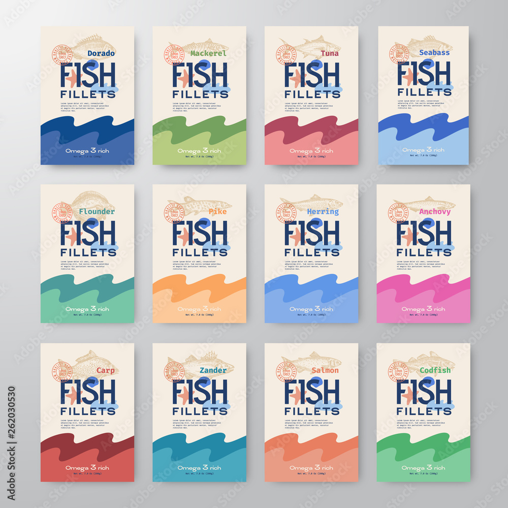Fish Fillets Labels Collection. Abstract Vector Fish Packaging Design ...