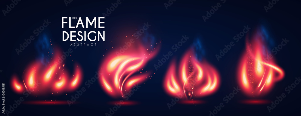 Burning Fire Elements Set. Flame Power. Light Effect. Stock Vector ...