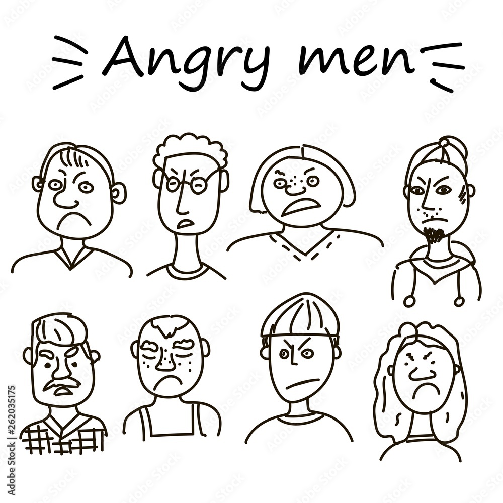 Faces of young people, angry facial expression, cartoon linear style ...