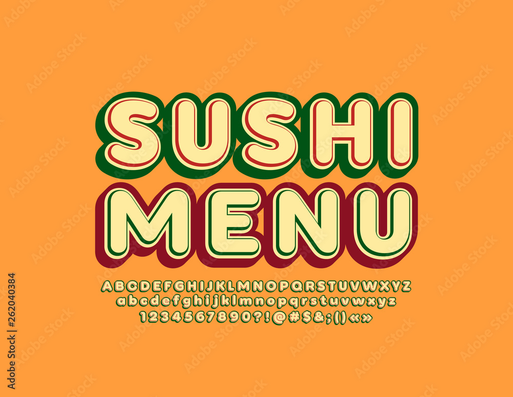 Vector stylish Sign Sushi Menu. Colorful 3D Font. Bright Alphabet ...
