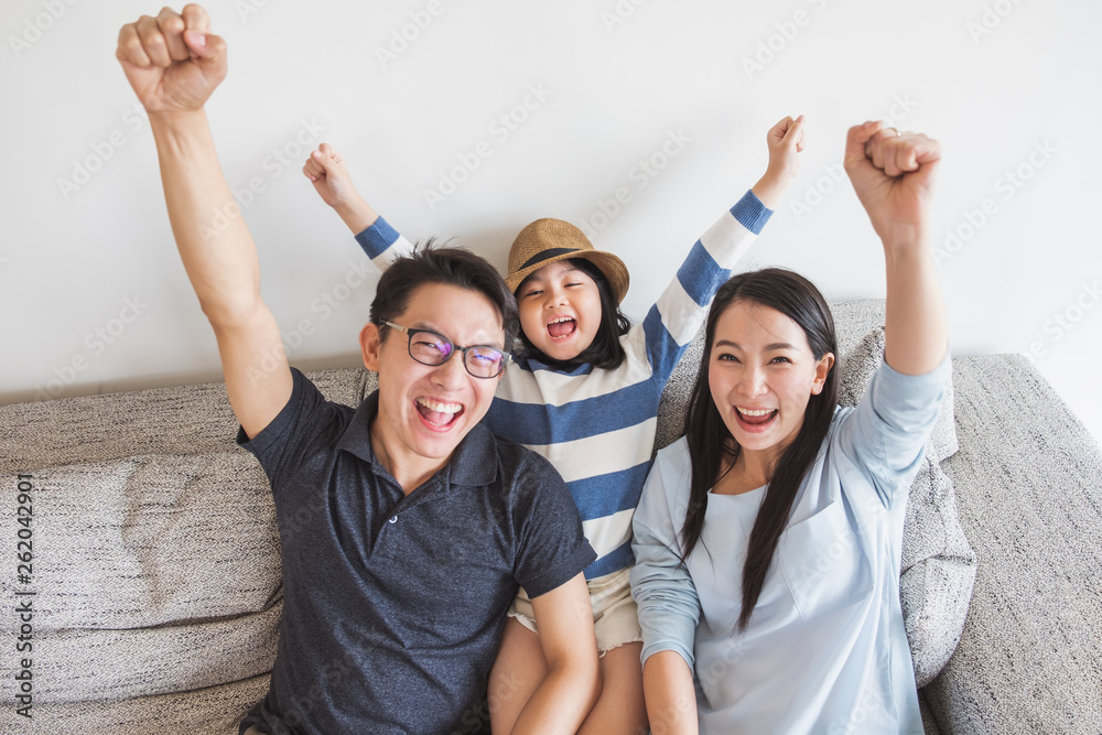 Happy Asian family rising hand smile laughing and cheerful Stock Photo ...