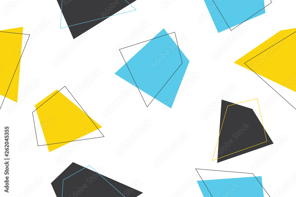 Seamless, abstract background pattern made with trapezoids in blue, yellow and grey colors ...