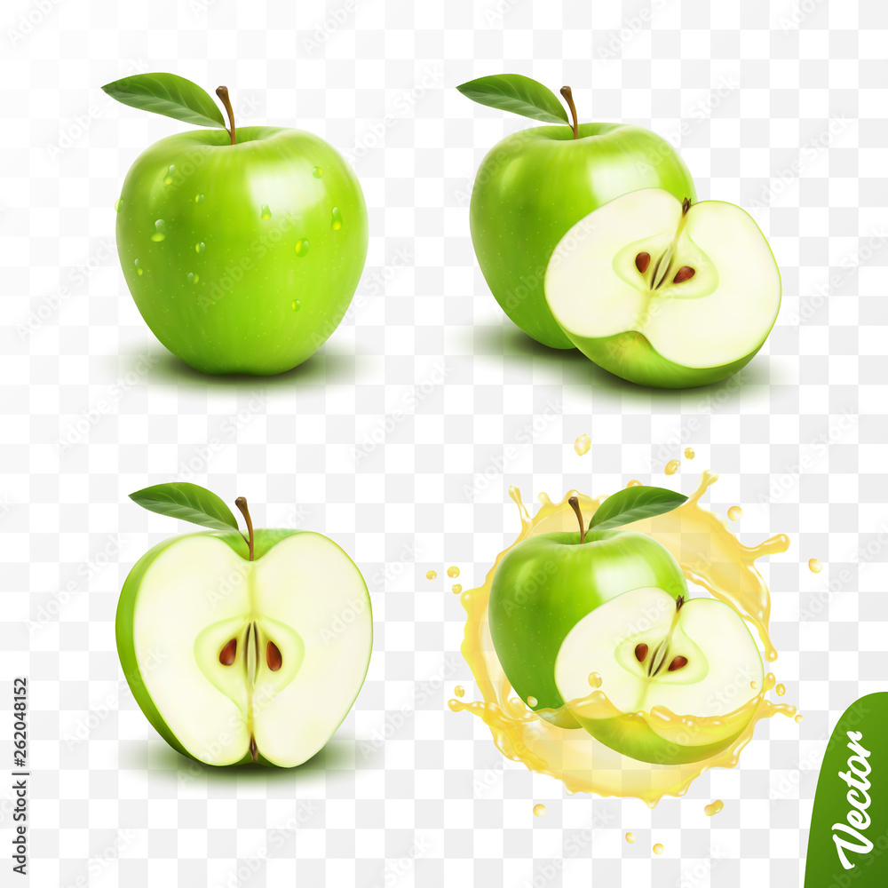 3d realistic transparent isolated vector set, whole and slice of apple ...