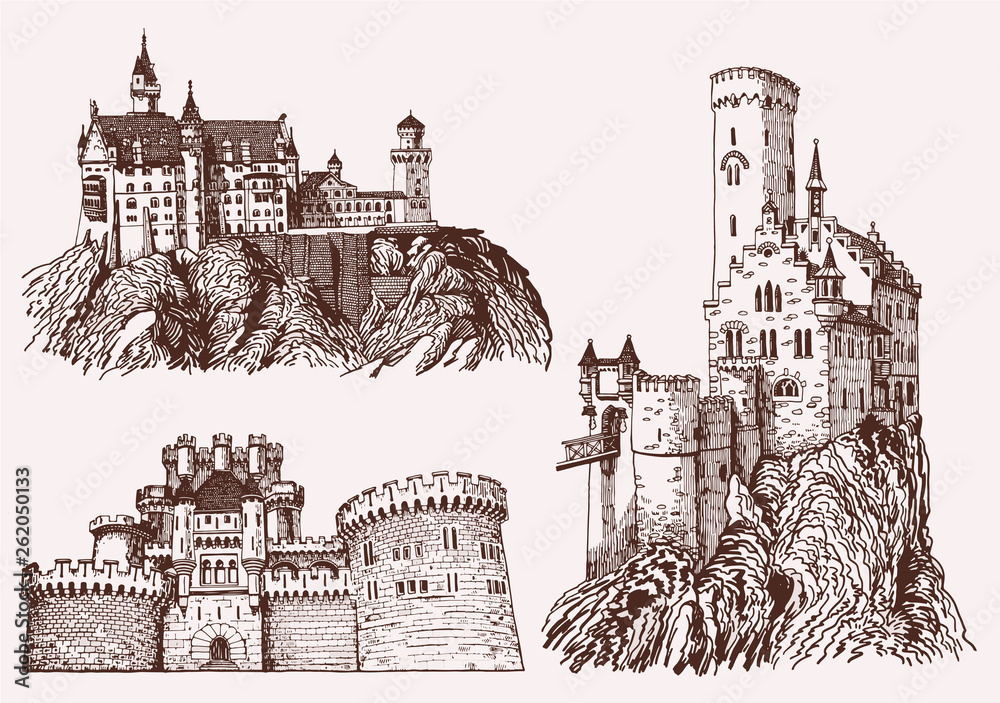 Graphical vintage set of medieval castles ,medieval architecture,vector ...