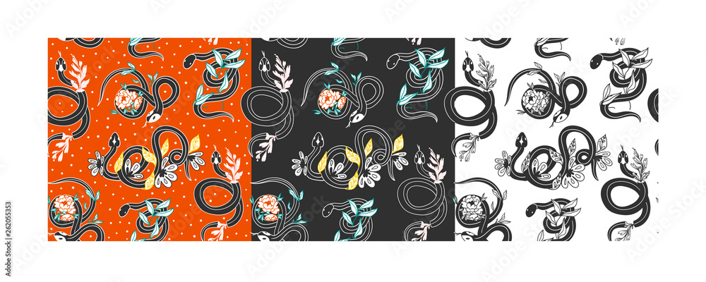Snakes and flowers. Set of three hand drawn colored vector seamless ...