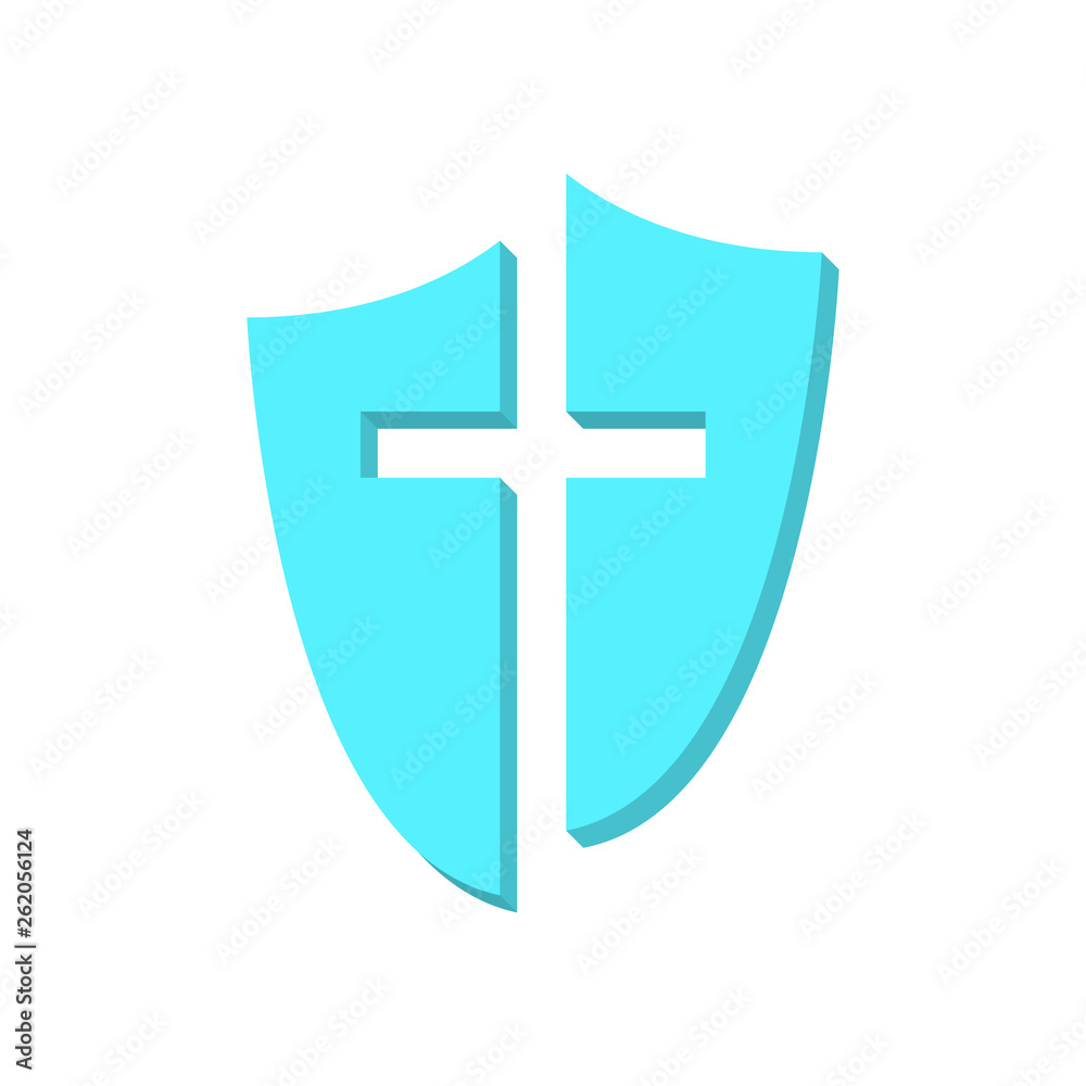 Blue cross and shield of faith christian church vector logo. Missionary ...