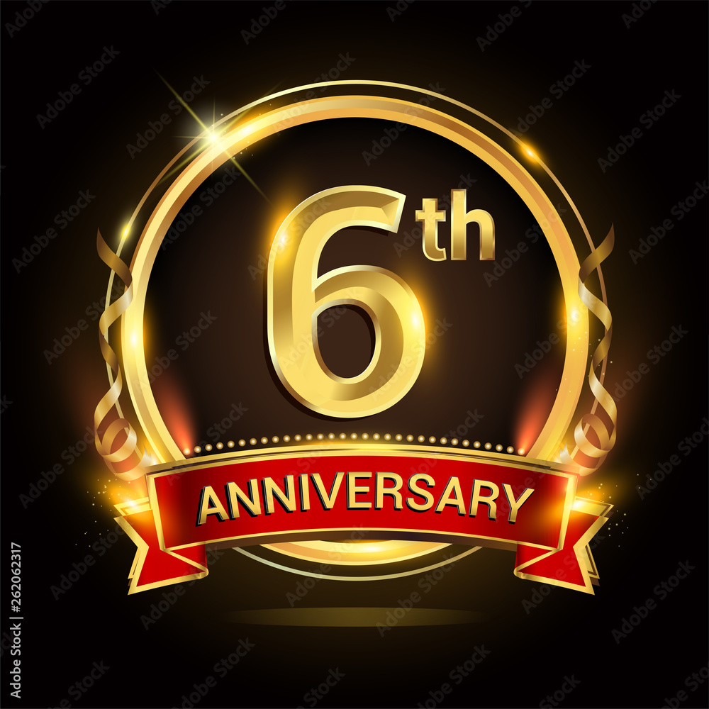 6th golden anniversary logo with ring and red ribbon, vector design ...