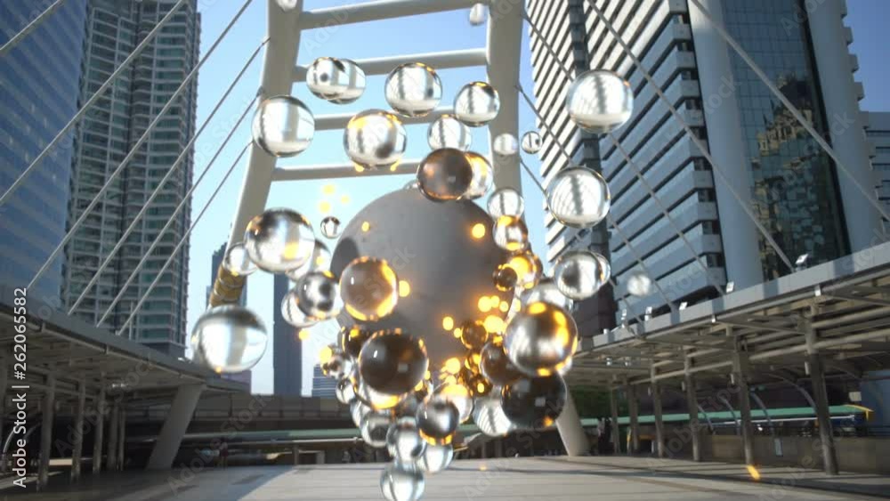 Floating spheres with gravity simulation in business district. Science ...