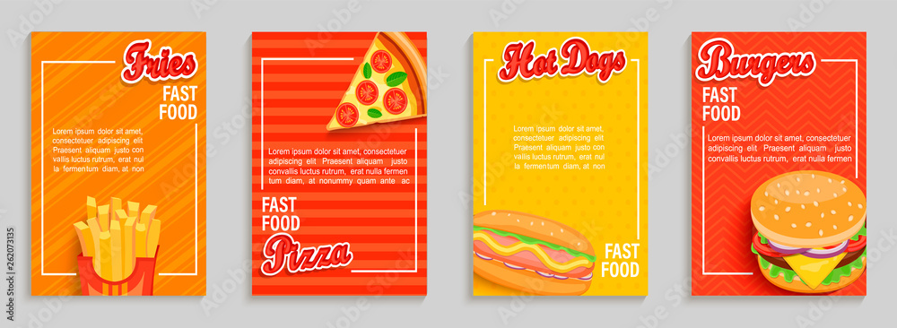 Set of fast food shop flyers,banners.Collection of fries, pizza, hot ...