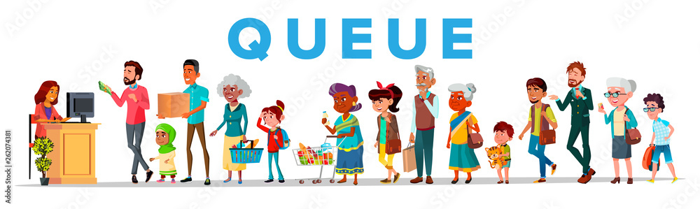 Long Queue In Food Store, Vector Banner Concept. Young And Old People ...