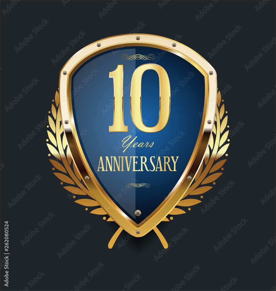 Golden shield and laurel wreath anniversary retro design 10 years Stock ...
