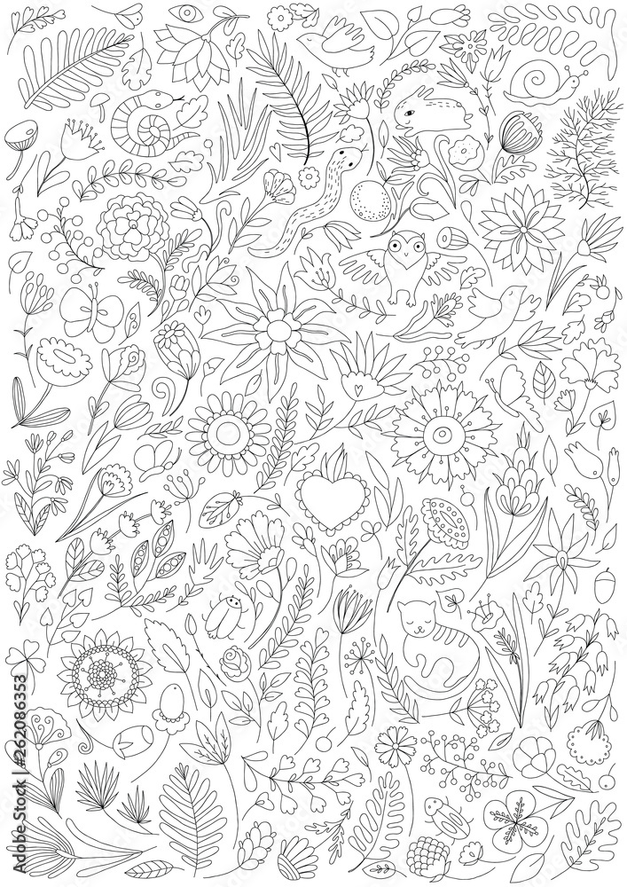 coloring page with small elements of flora and fauna Stock Illustration ...