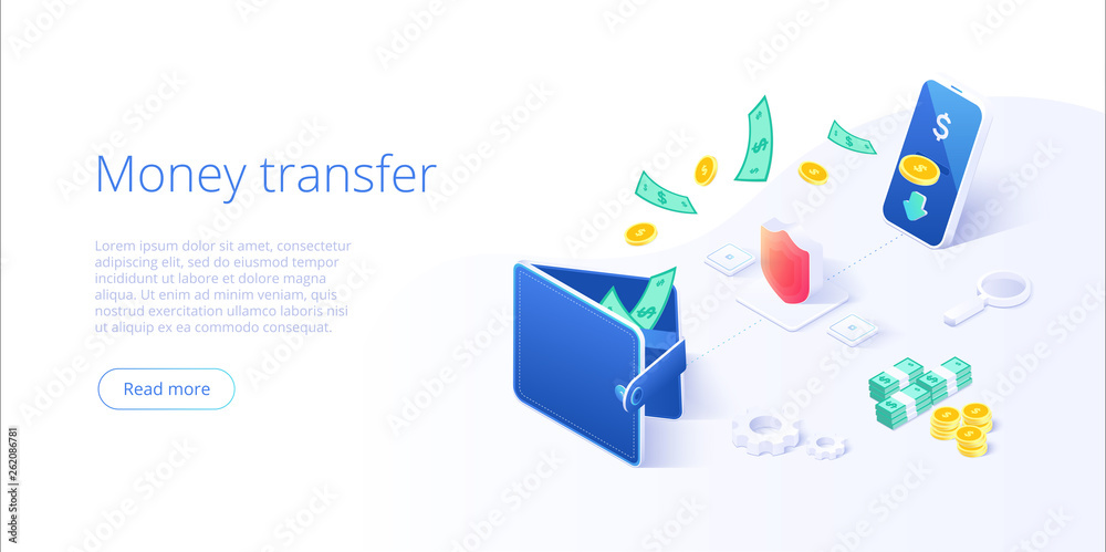Money transfer from and to wallet in isometric vector design. Capital ...