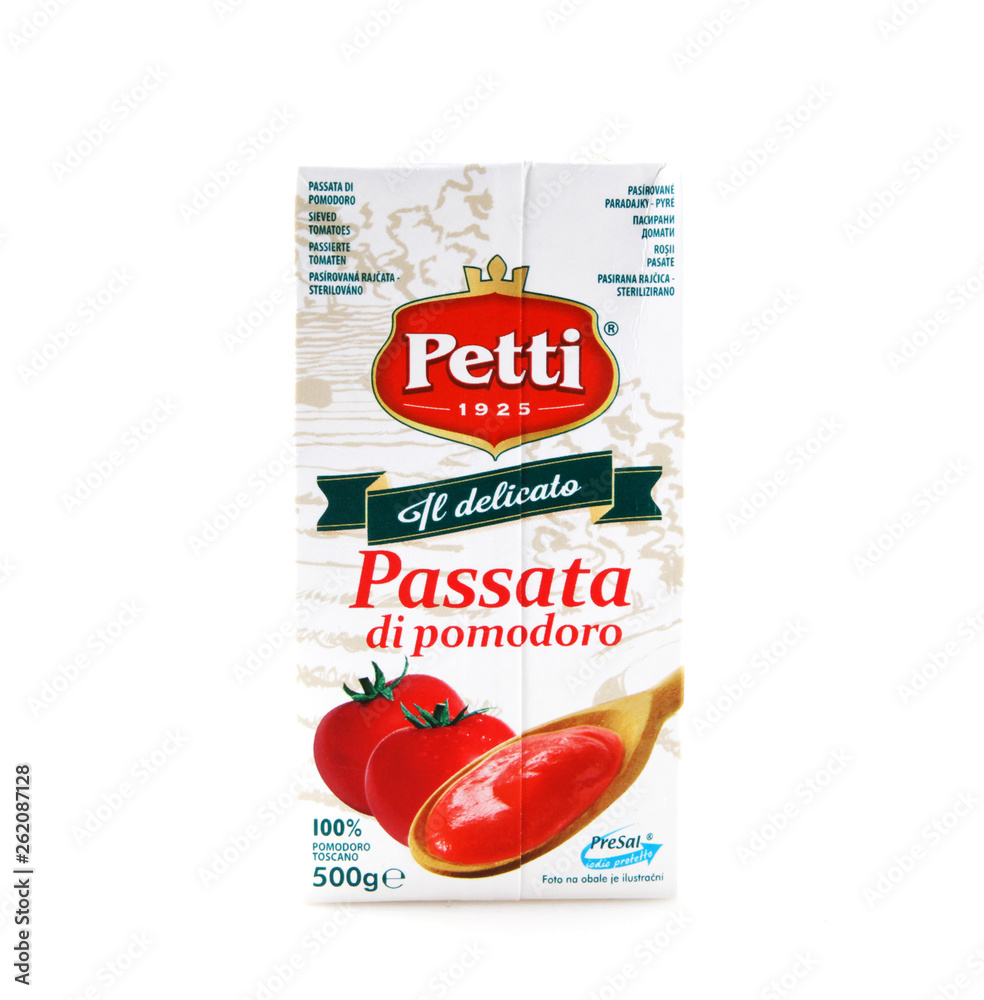 Pomorie, Bulgaria - April 14, 2019: Sieved Tomato Sauce. The Petti ...